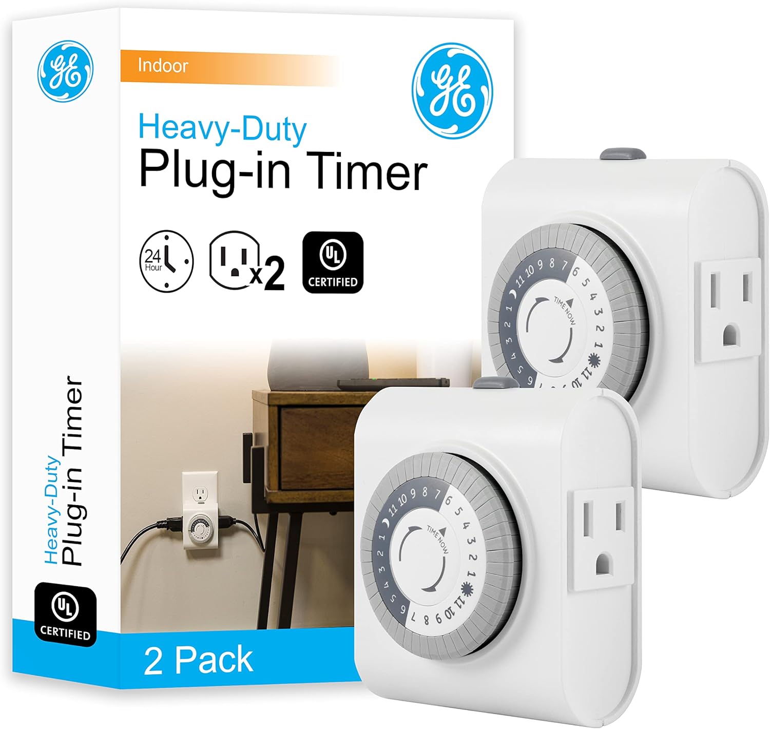 GE Mechanical Grounded Outlet Timer, Dual Plugs with 3 Prongs, 24 Hour ...