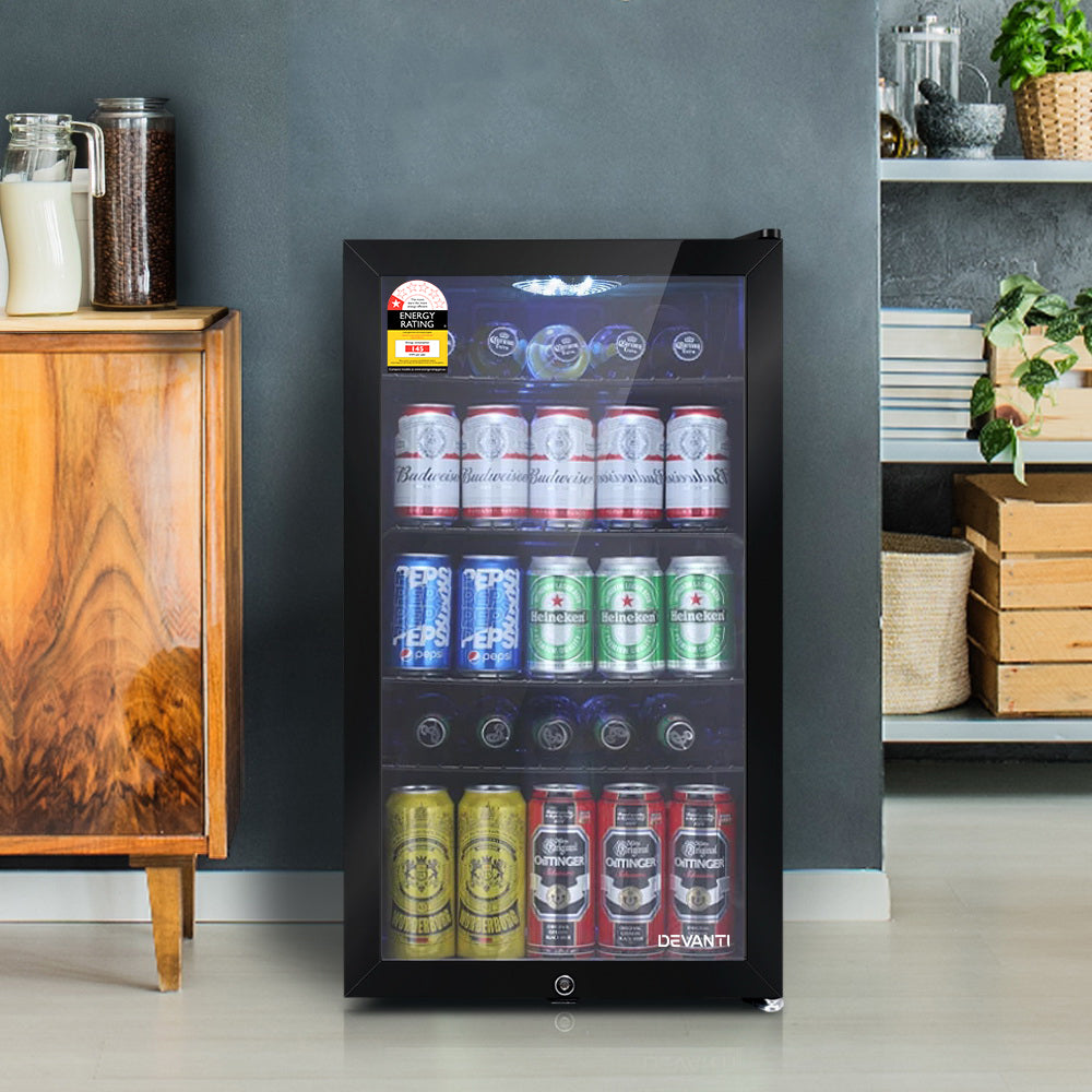 Devanti 98L Bar Fridge Glass Door Mini Fridges Freezer Black – Georbella